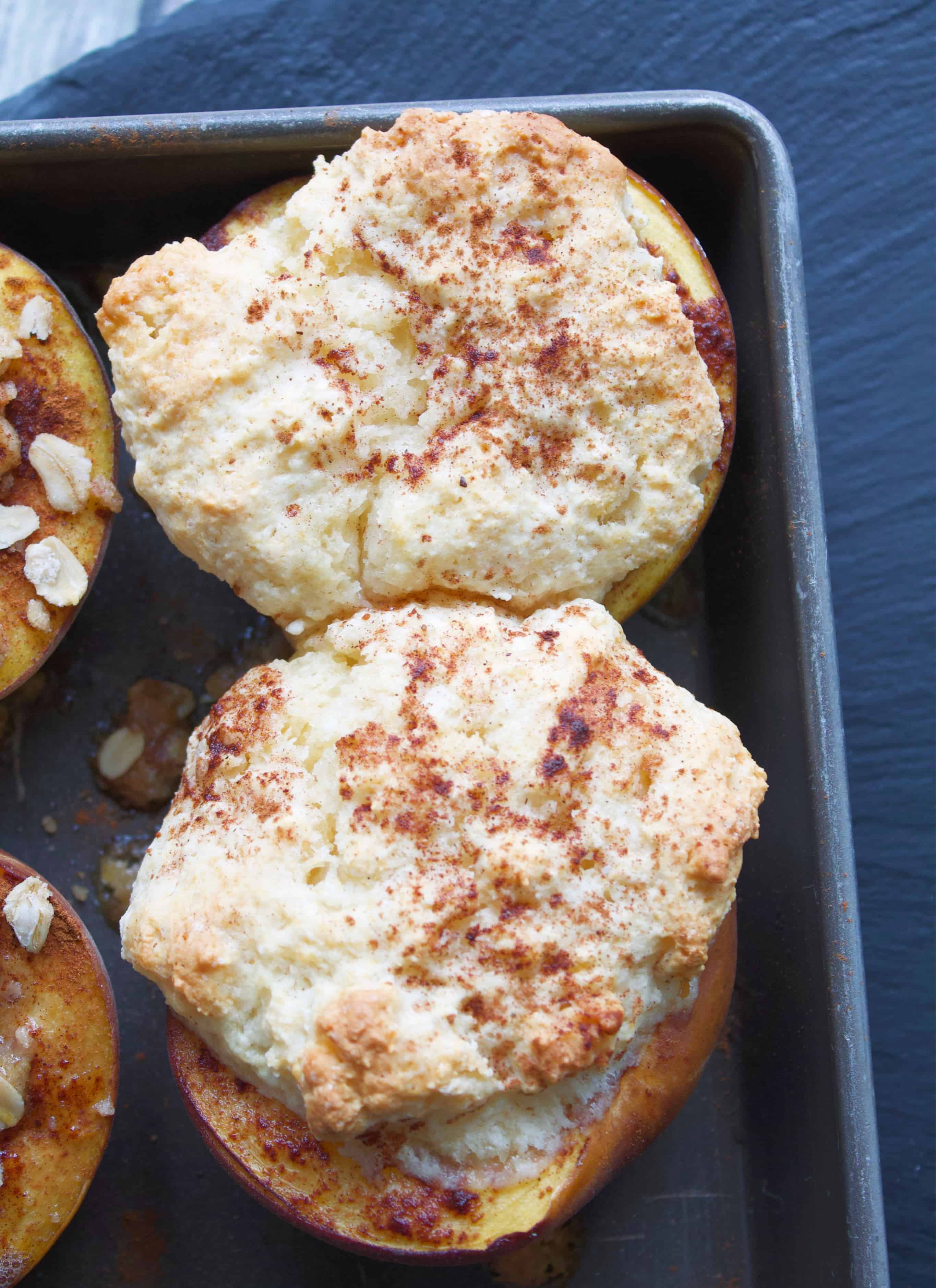 Baked Cinnamon Peaches Two Ways - Crumb & Shortcake Topping Option
