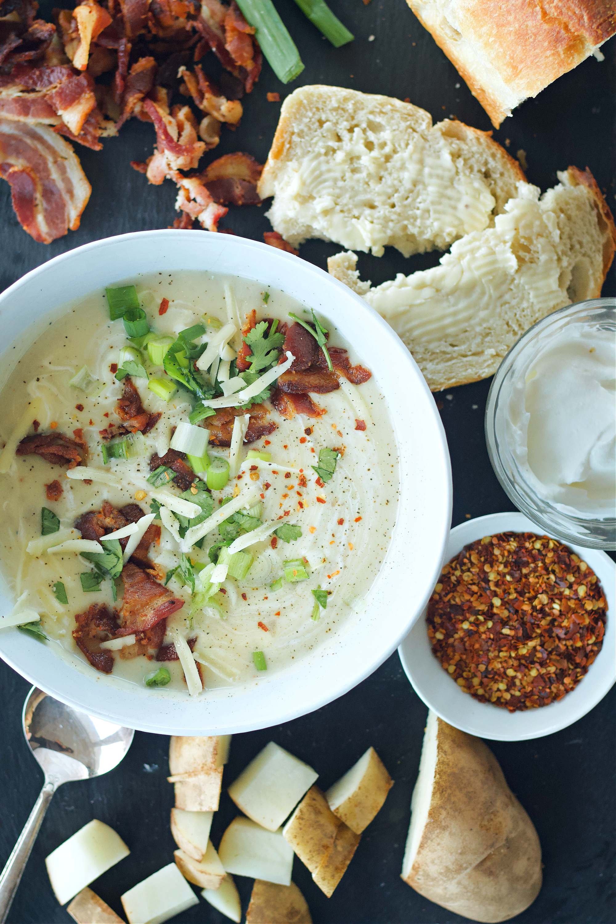 Creamy and Spicy Potato Soup with Bacon Bits